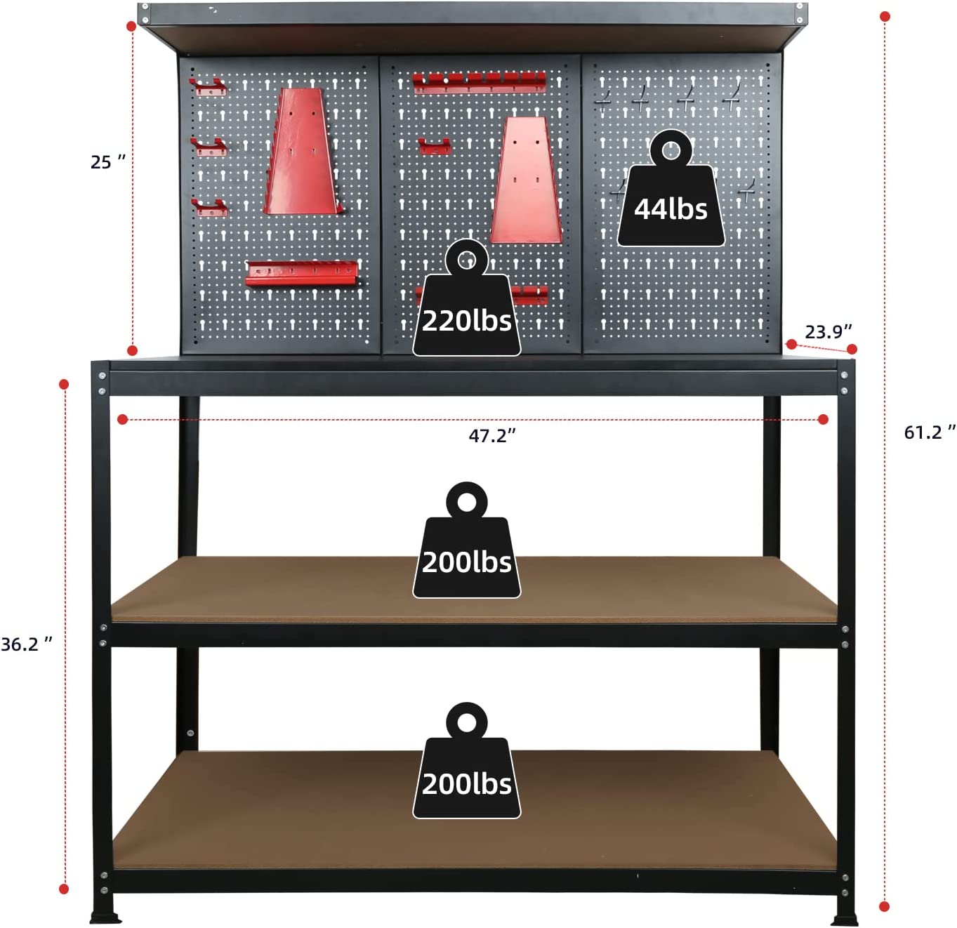 47”Workbench, Heavy-Duty Steel Tool Workbench with Pegboard Shelves ...